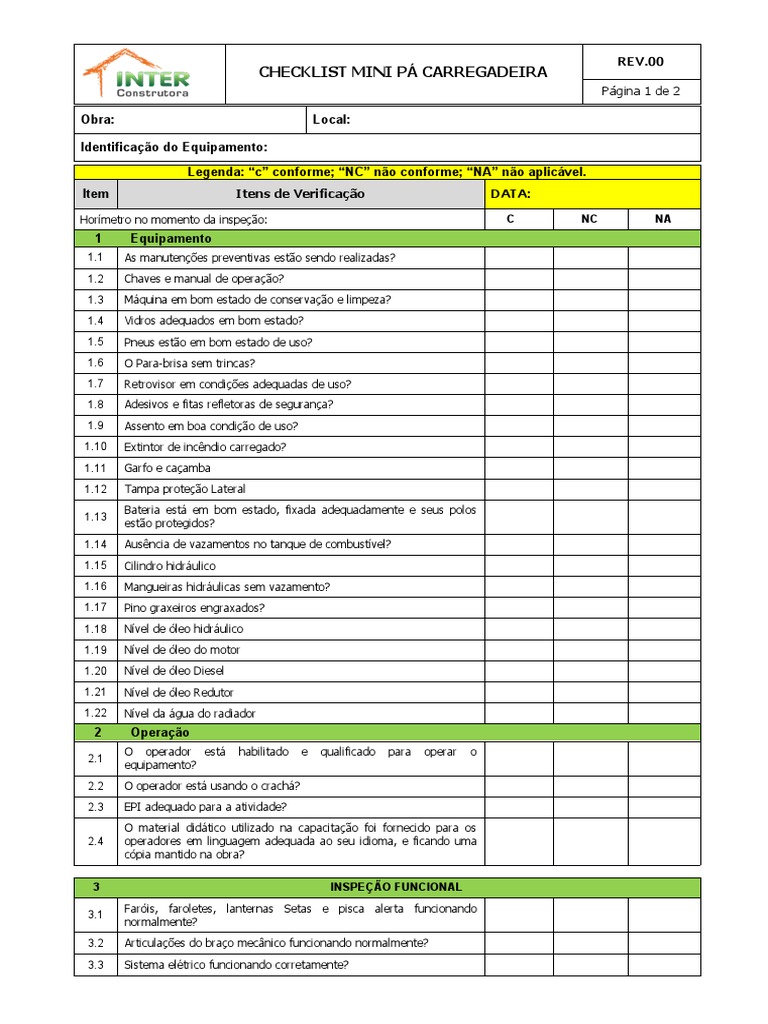 Check List - Mini - Carregadeira - REV00 | Download grátis PDF ...