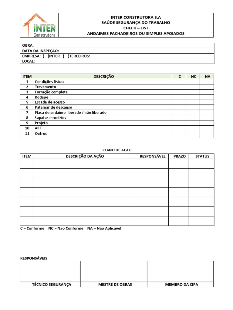 Check-list de inspeção de andaimes fachadeiros ou simples apoiados para ...