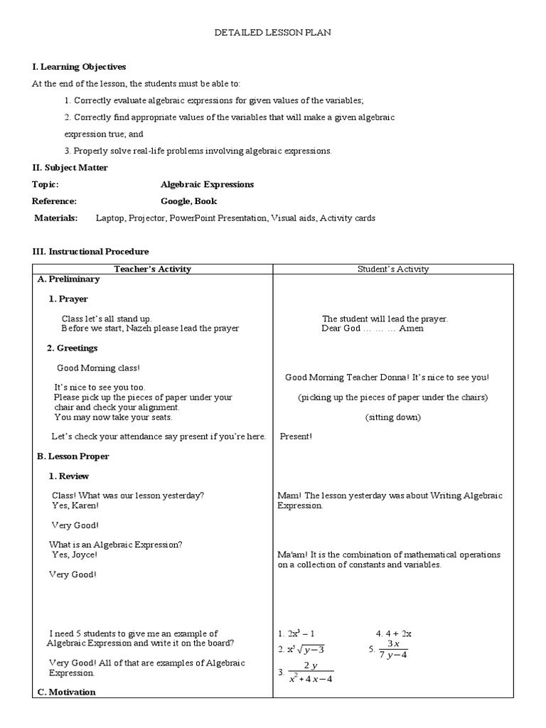 Detailed Lesson Plan | PDF | Lesson Plan | Algebra