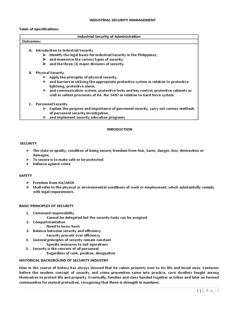 Industrial Security Management Table of Specifications: Industrial ...