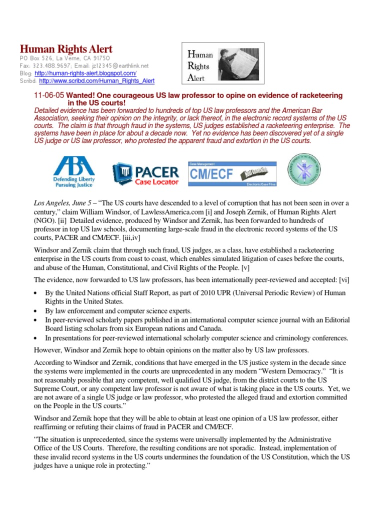 11-06-05 PRESS RELEASE: Wanted! One Courageous US Law Professor To ...