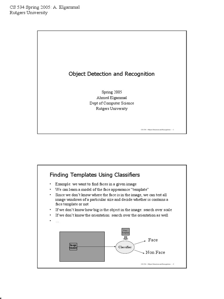 Object Detection and Recognition: CS 534 Spring 2005: A. Elgammal Rutgers University | PDF ...