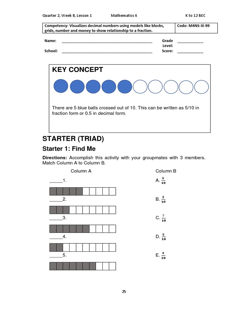 Math4 - Q2 - Workbook2 - Week 8 - Lesson 1 - Activity Sheet | PDF | Numbers | Decimal