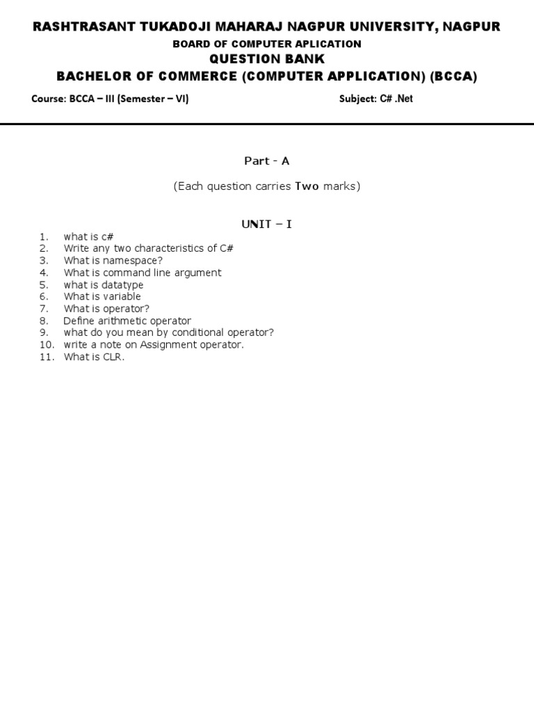 C# .NET Question Bank for Bachelor of Commerce (Computer Application ...