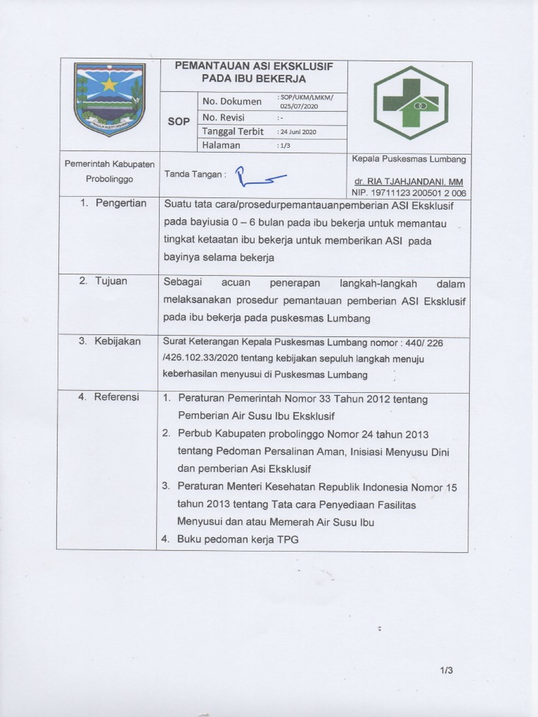 Sop Pemantauan Asi Eksklusif Pada Ibu Bekerja | PDF Sop Pemantauan Asi Eksklusif Pada Ibu Bekerja | PDF