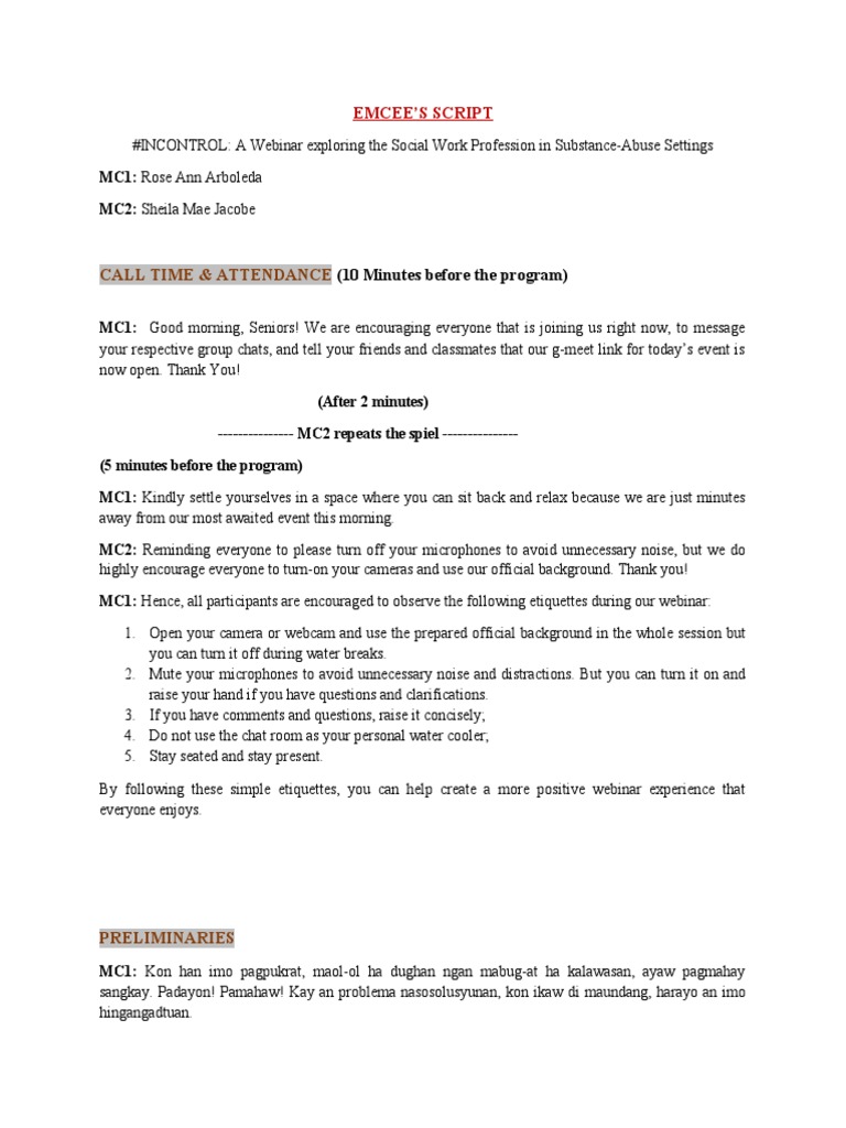 Call Time & Attendance: Emcee'S Script | PDF