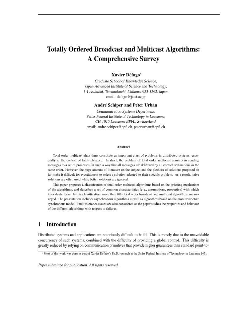Totally Ordered Broadcast and Multicast Algorithms: A Comprehensive Survey | PDF | System ...