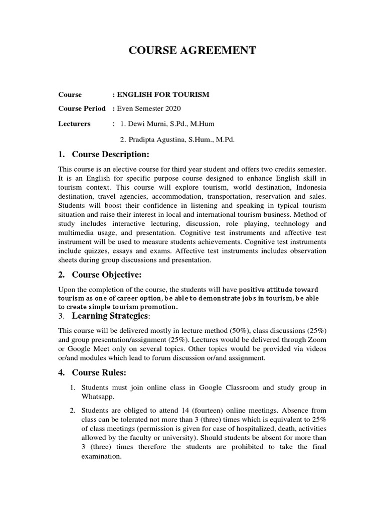 Course Agreement - English For Tourism | PDF | Tourism | Learning