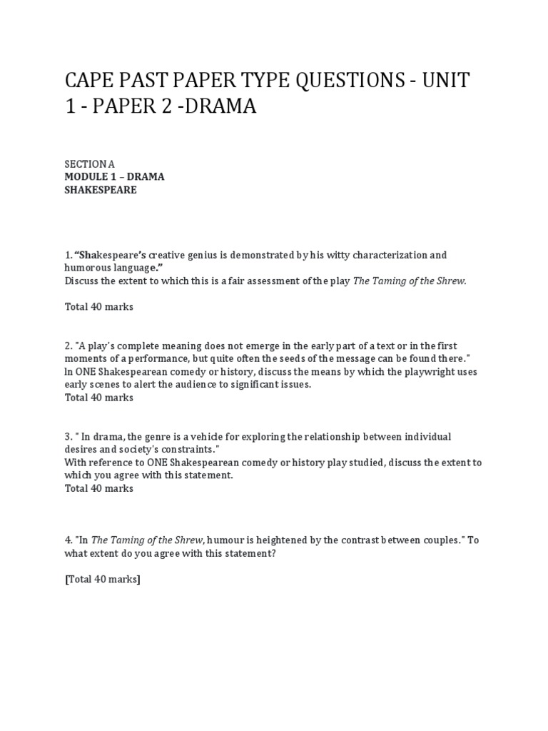Cape Past Paper Type Questions - Unit 1 - Paper 2 - Drama | PDF | Play ...