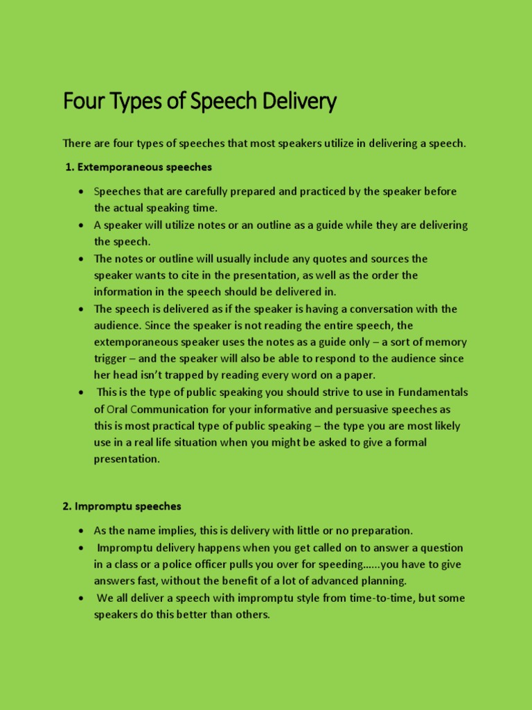 Four Types of Speech Delivery | PDF | Public Speaking | Communication