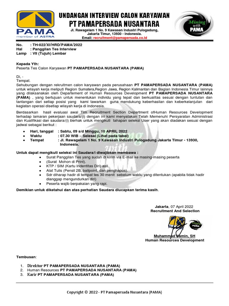 Undangan Interview PT Pamapersada Nusantara (PAMA) - Jakarta | PDF