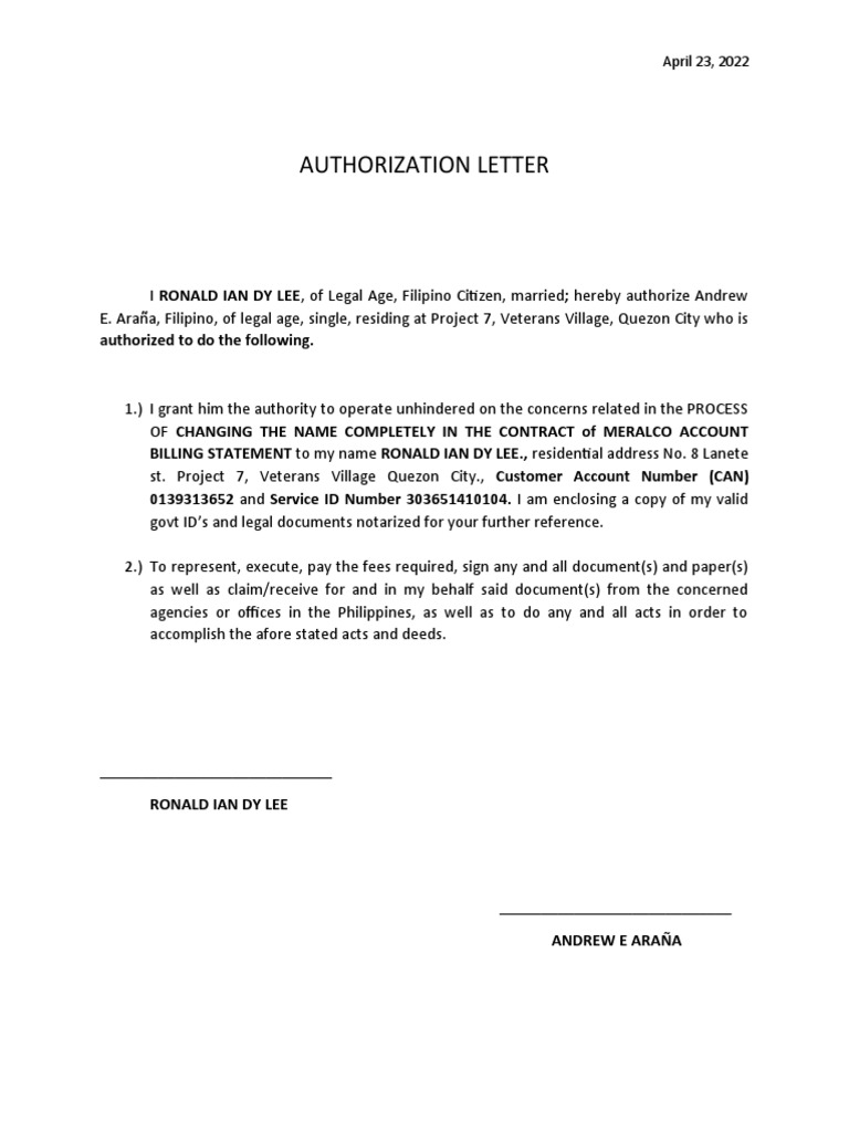 Authorization Letter Utilities Electric | PDF