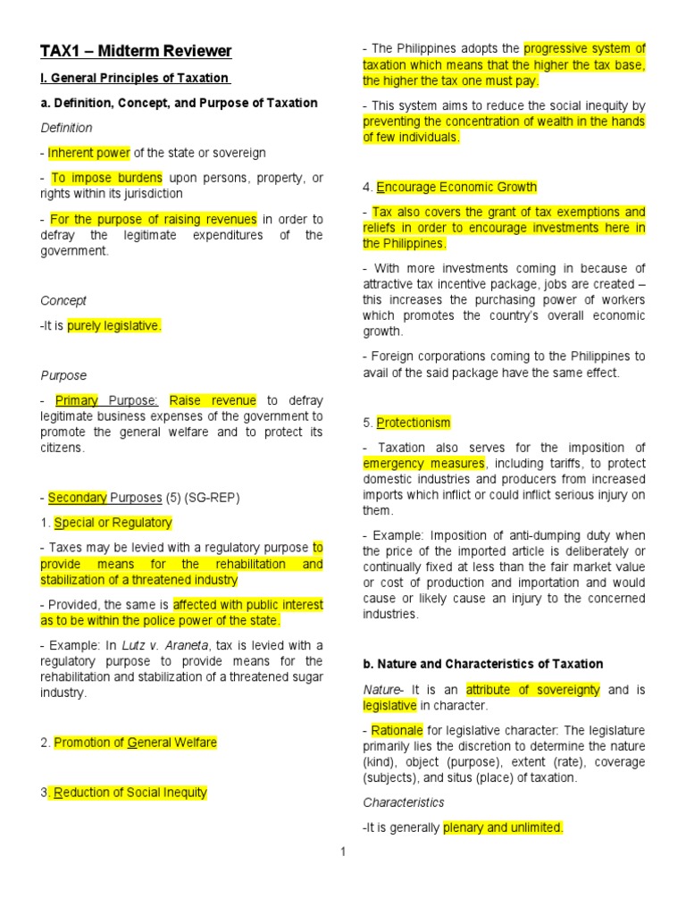 TAX1 - Midterm Reviewer: I. General Principles of Taxation A ...