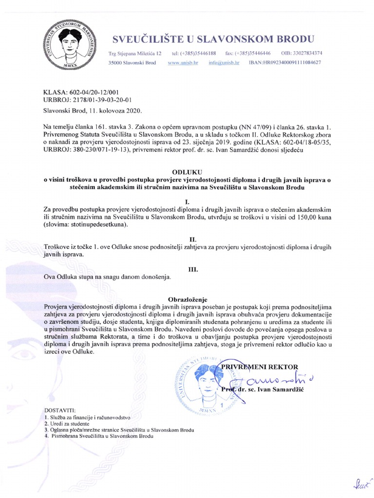 Odluka o Visini Troskova U Postupku Provjere Diploma I Drugih Javnih Isprava | PDF