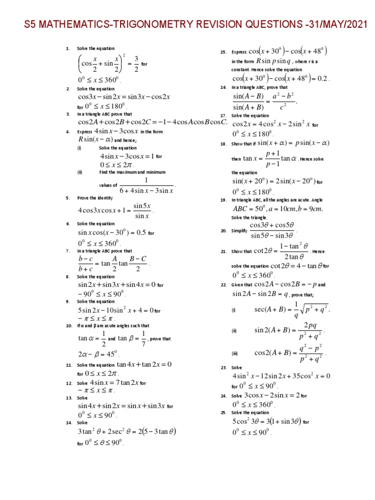 S5 Mathematics-Trigonometry Revision Questions - 31/may/2021: 2 Cos 3 ...