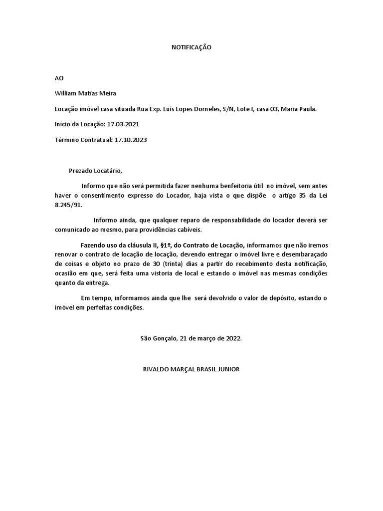 Notificação De Não Renovação De Contrato De Locação E Pedido De