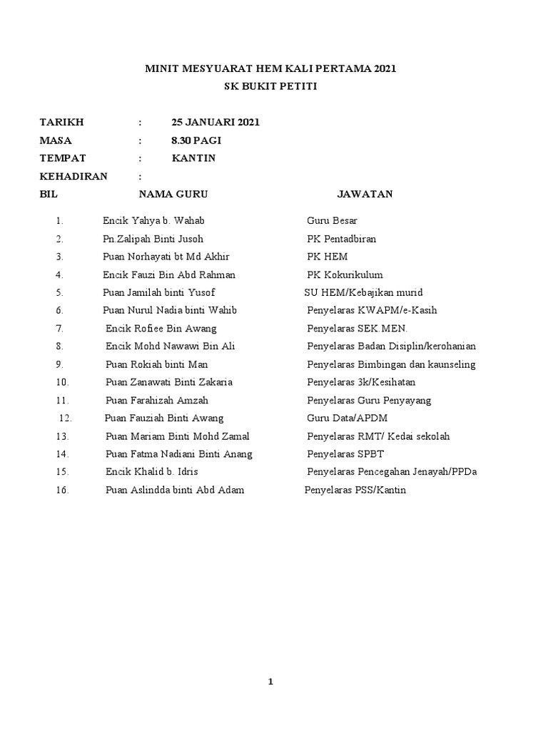 Minit Mesyuarat Hem Kali Pertama 2021 | PDF