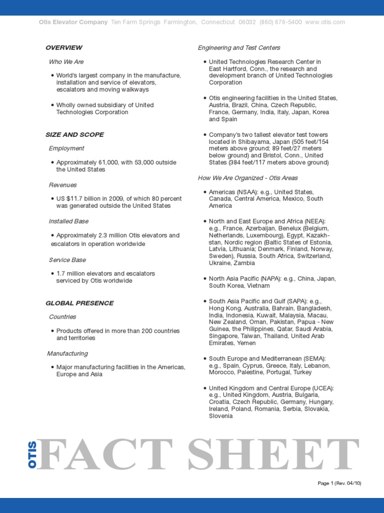 Otis Fact Sheet 2010 | PDF | Elevator | Hvac