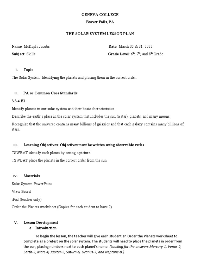 Solar System Lesson Plan | PDF | Meteoroid | Planets