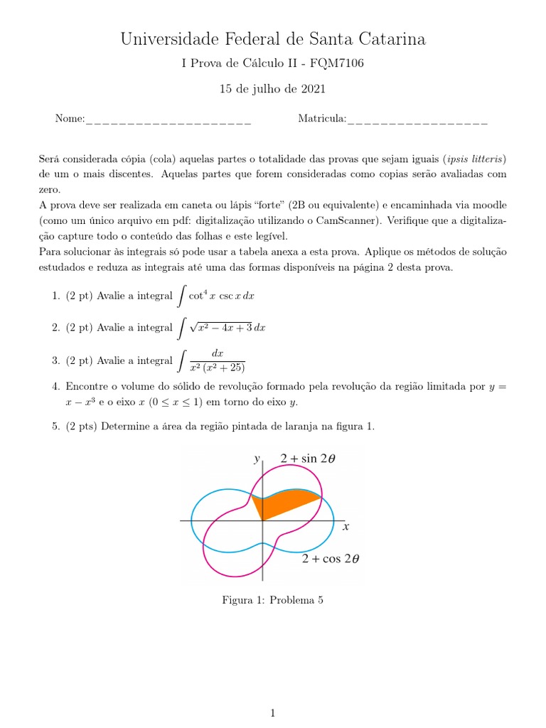 Prova01 CalculoII 20212 | PDF