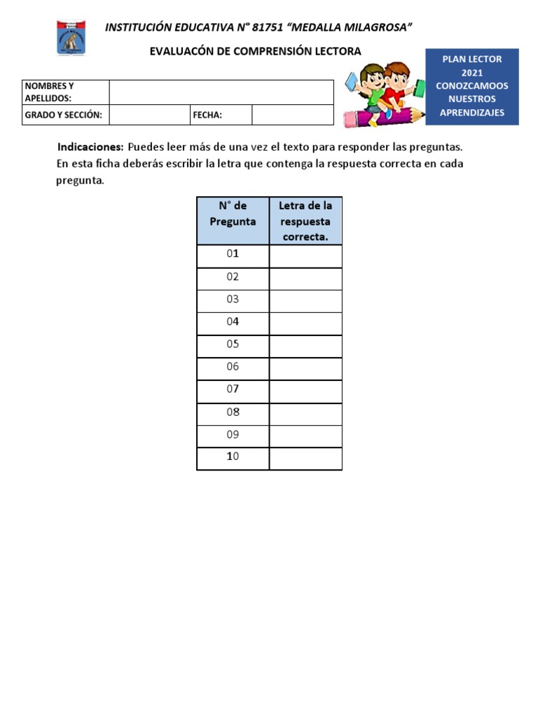 EVALUACION DE PLAN LECTOR (Respuestas) | PDF