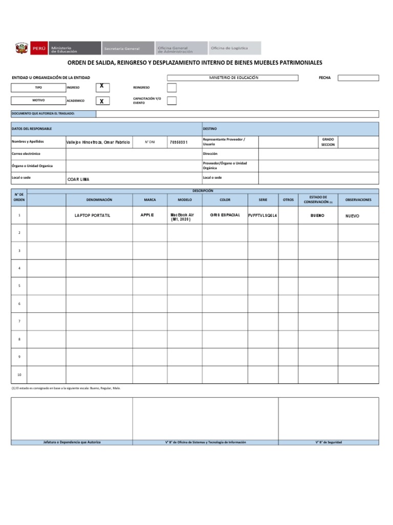 Formato Orden de Salida y Desplazamiento | PDF