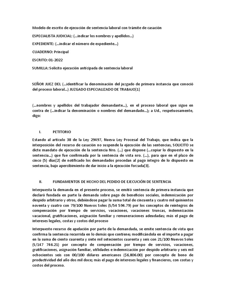 Modelo de Escrito en Ejecucion de Sentencia Laboral | PDF | Sentencia (ley) | Demanda judicial