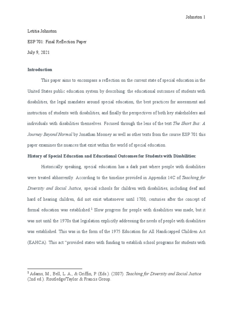 ESP 701 - Final Reflection Paper | PDF | Special Education | Individualized Education Program
