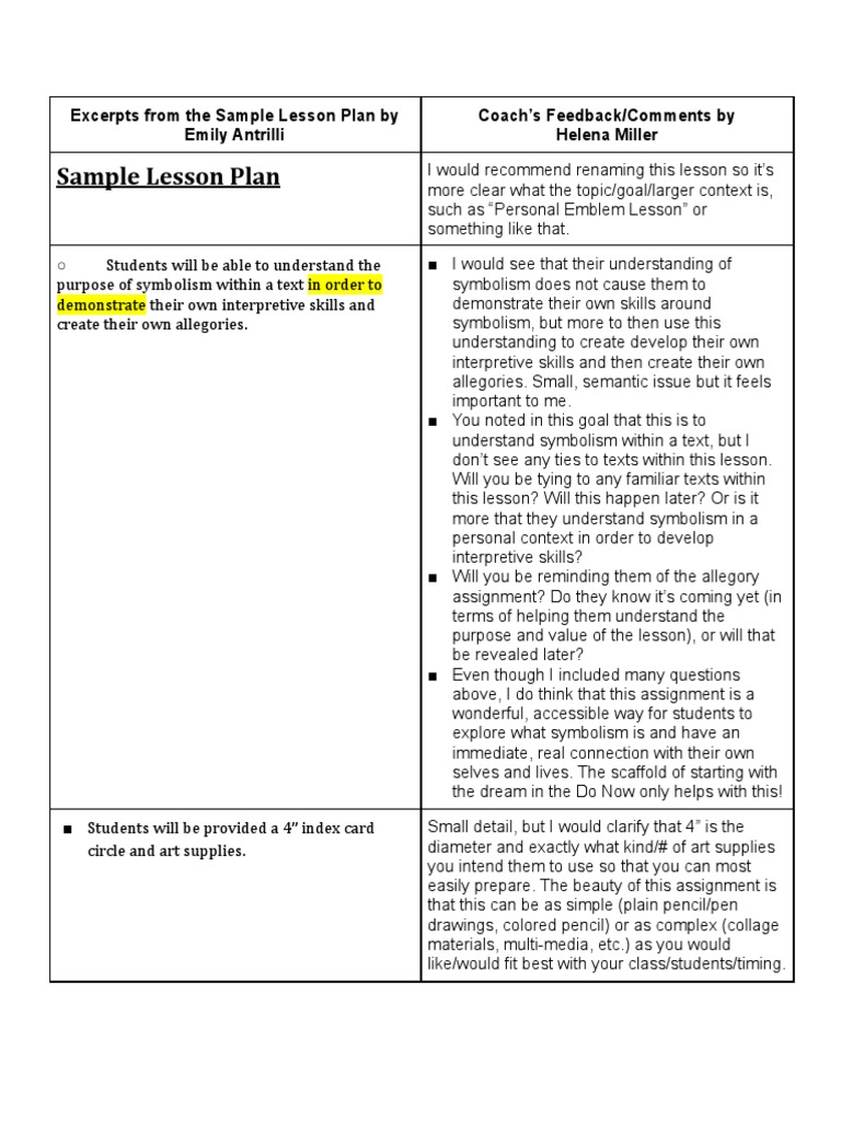 Coaching Feedback On Lesson For Emily Antrilli | PDF | Lesson Plan ...