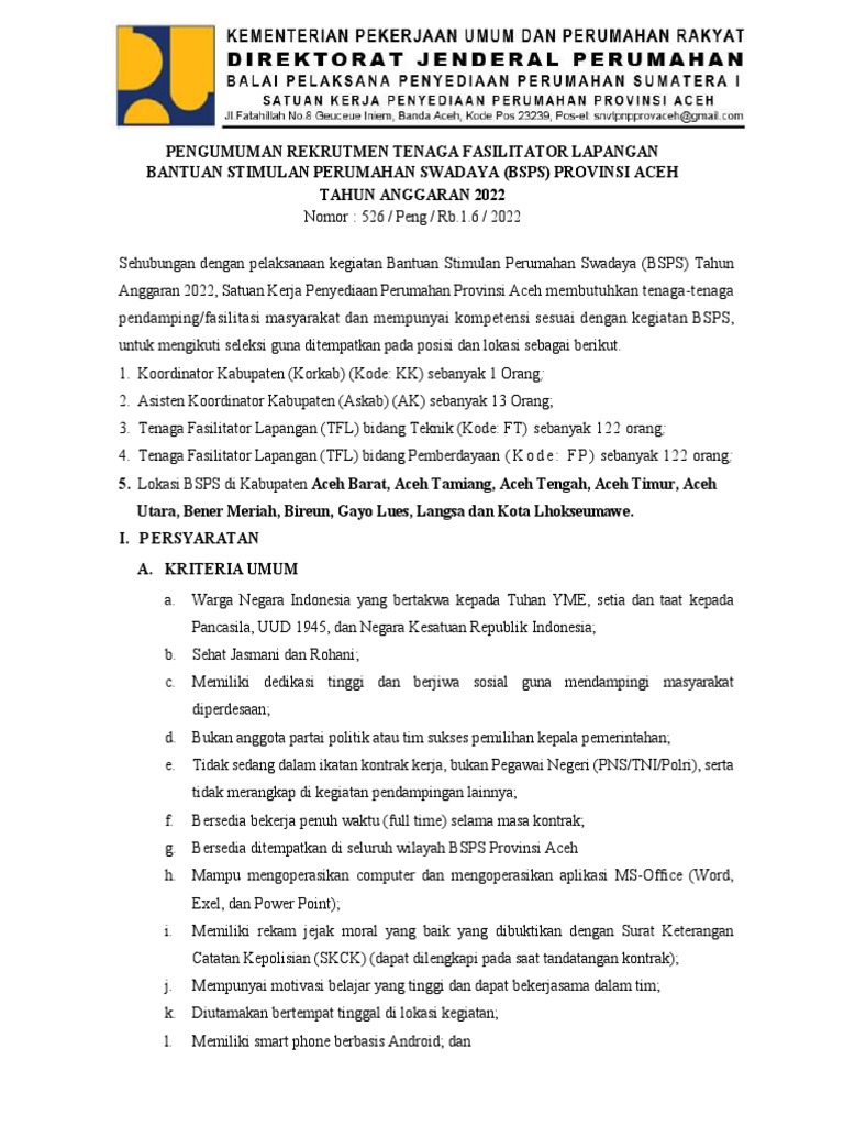 Pengumuman Rekrutmen Tenaga Fasilitator Lapangan | PDF