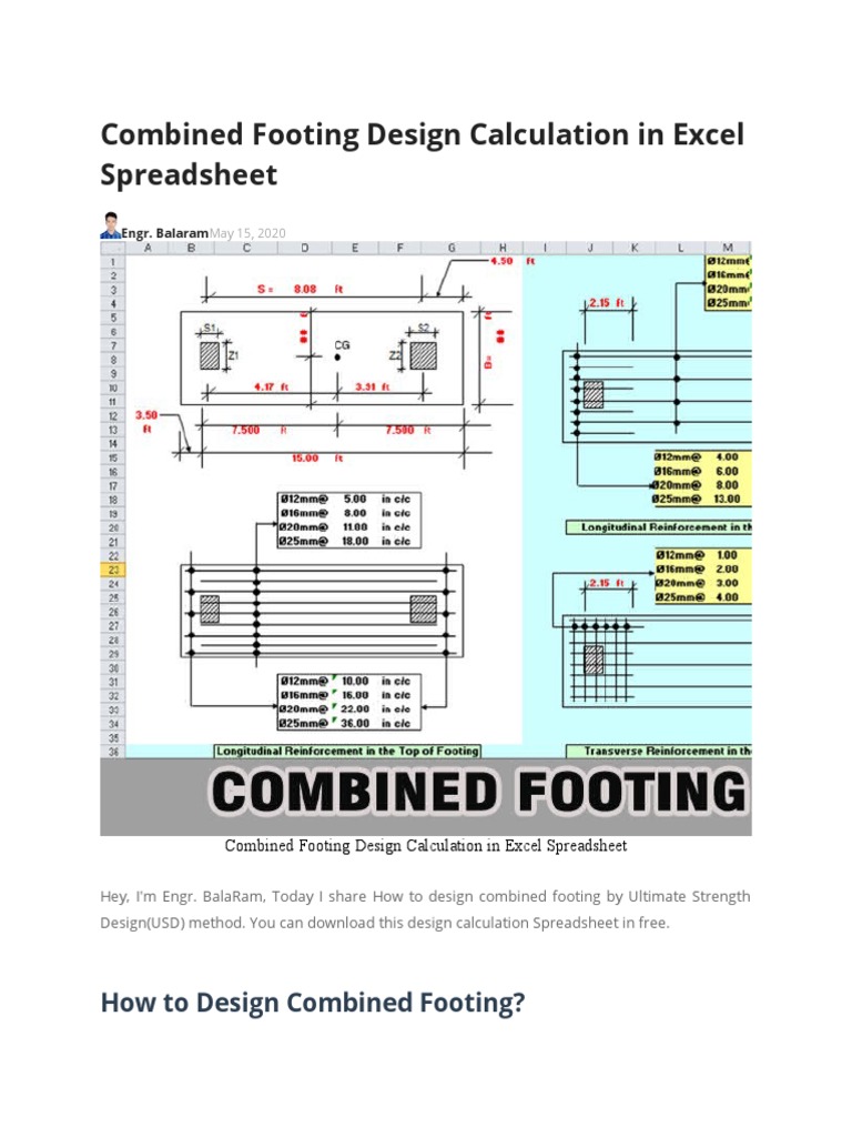 Combined Footing Design Calculation In Excel Spreadsheet Pdf Beam