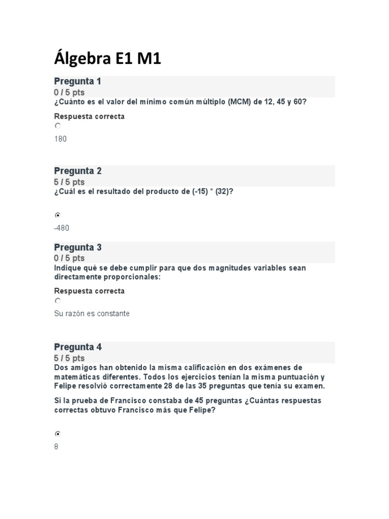 Álgebra E1 M1 | PDF | Prueba (evaluación) | Matemáticas