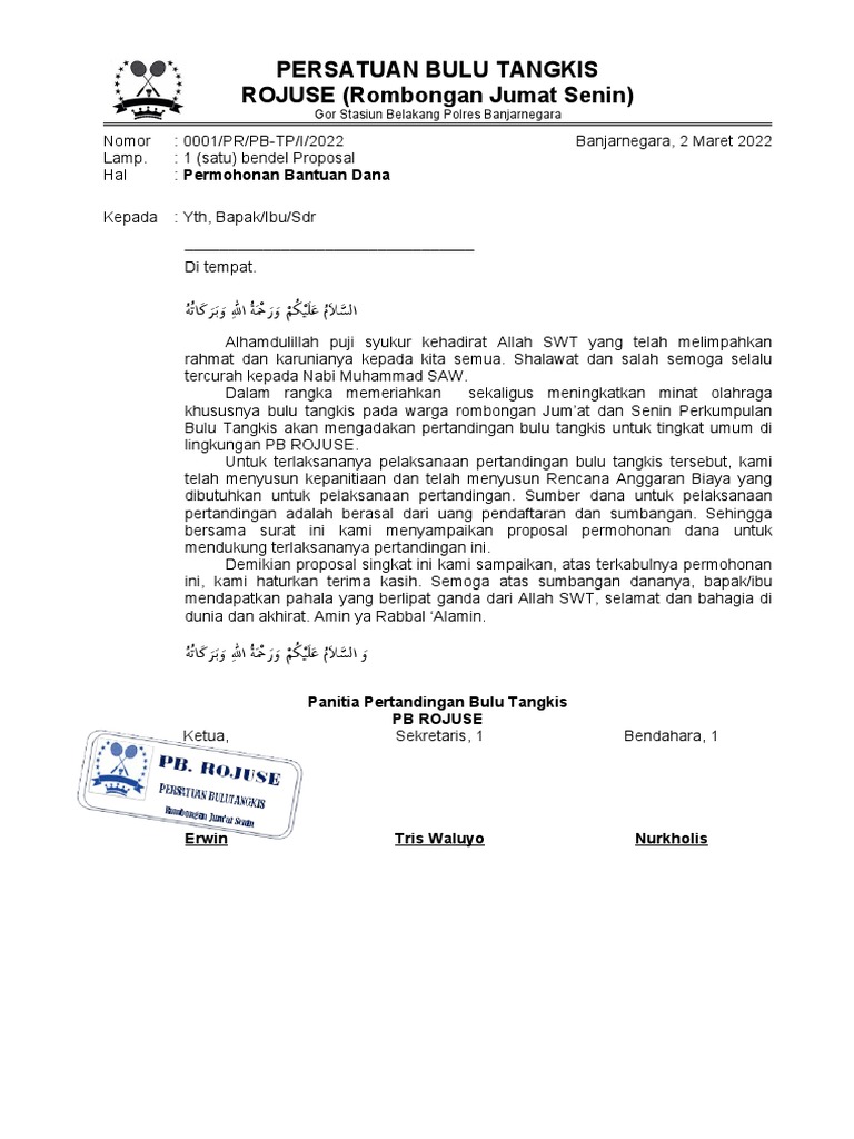 Contoh Proposal Permohonan Bantuan Dana Lomba Bulu Tangkis | PDF