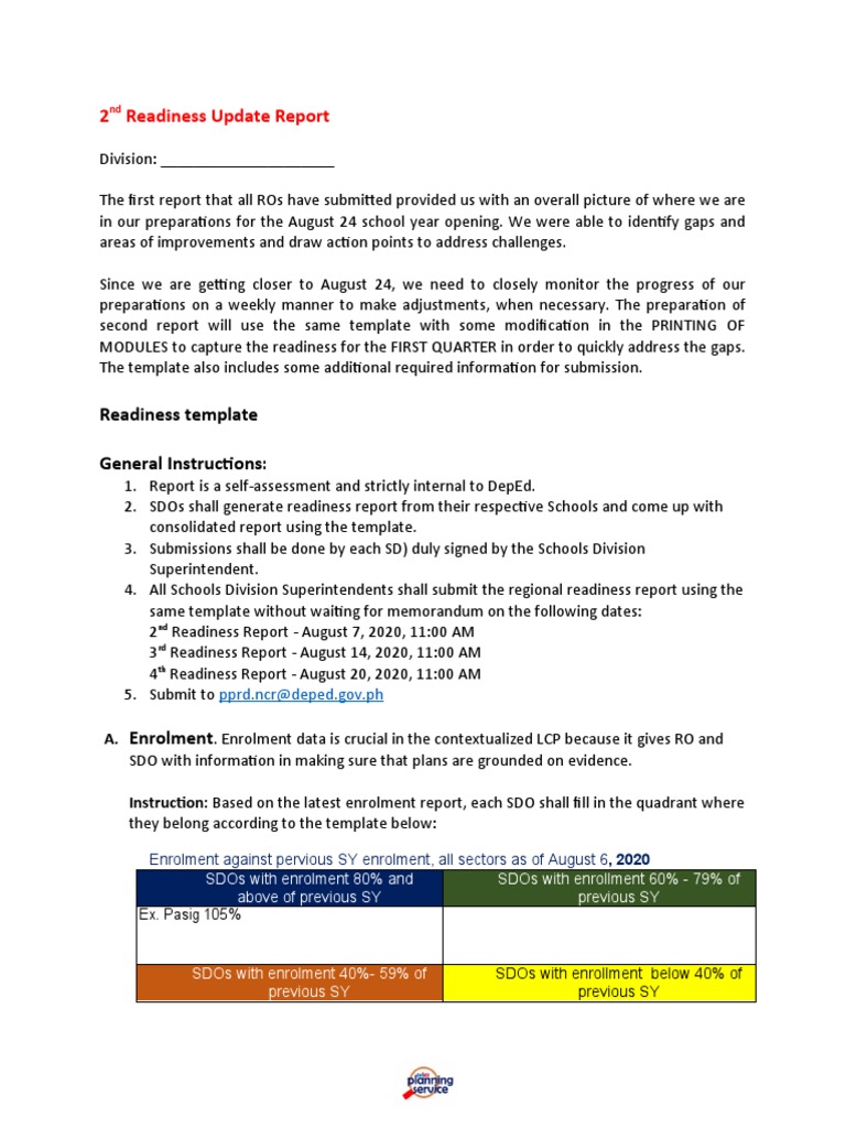 2 Readiness Update Report: Readiness Template General Instructions | PDF