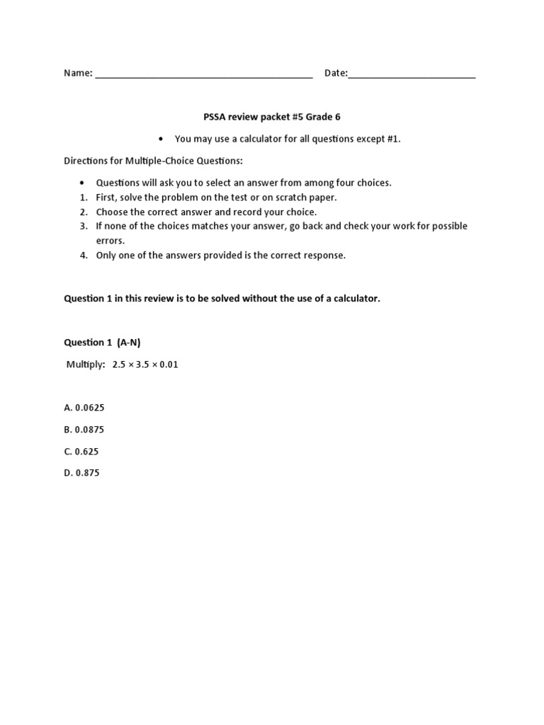PSSA Review Packet #5 Grade 6 | PDF | Multiple Choice