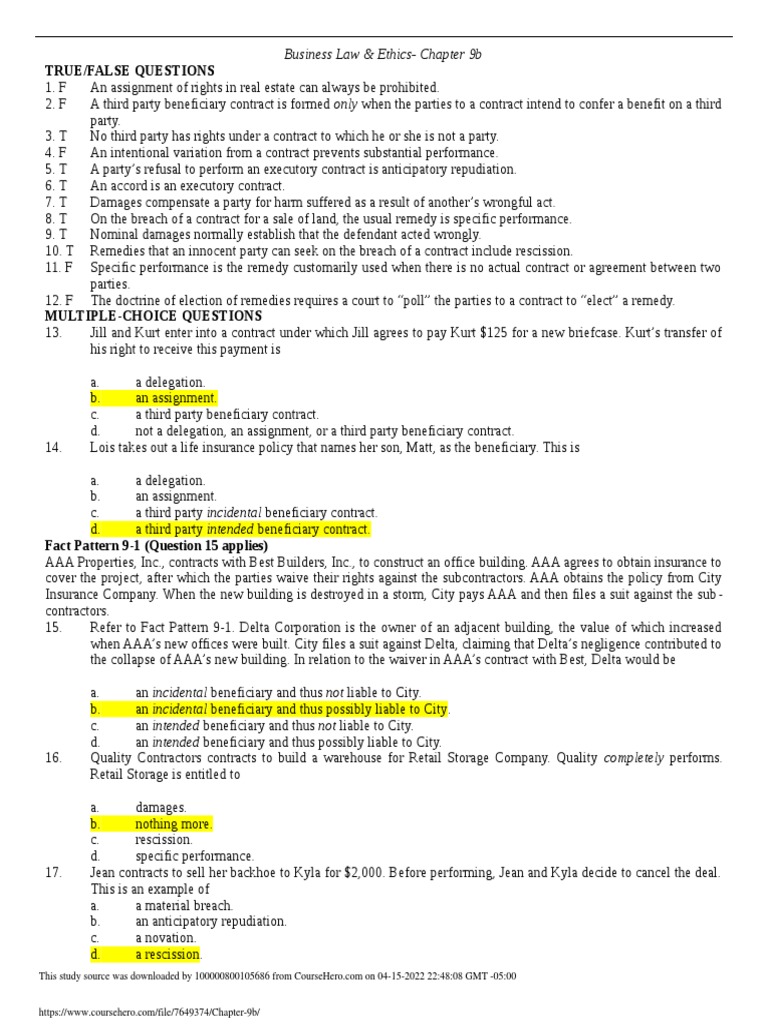 True/False Questions: Business Law & Ethics-Chapter 9b | Descargar gratis PDF | Damages | Legal ...
