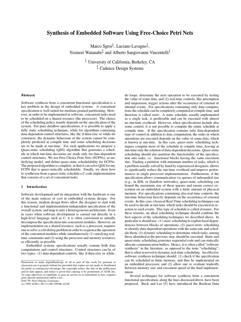 Synthesis of Embedded Software Using Free-Choice Petri Nets | PDF | Scheduling (Computing ...
