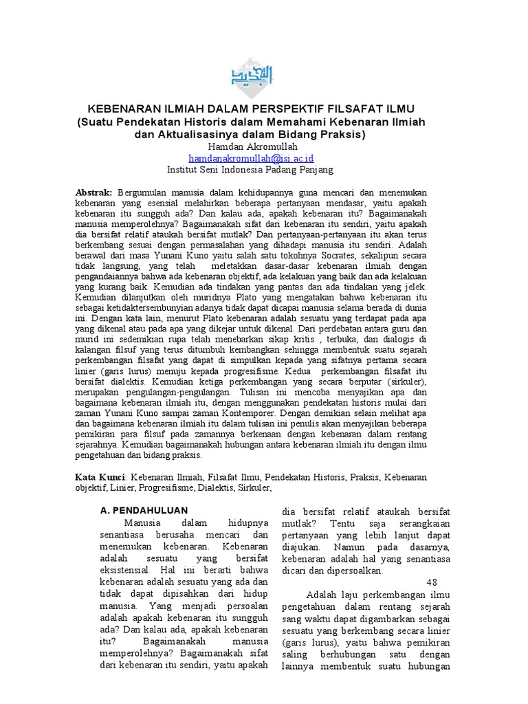 Kebenaran Ilmiah Dalam Perspektif Filsafat Ilmu (Suatu Pendekatan Historis Dalam Memahami ...