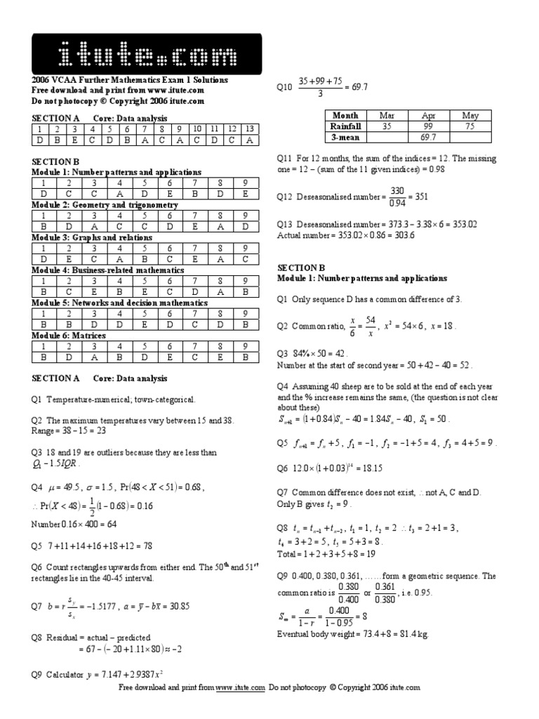 (VCE Further) 2006 VCAA Unit 34 Exam 1 ITute Solutions | PDF | Sine ...