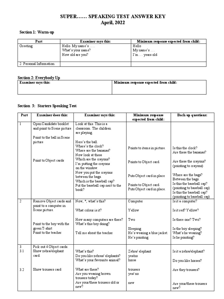 Starters 2 - Test 1 Speaking Test Answer Key | PDF