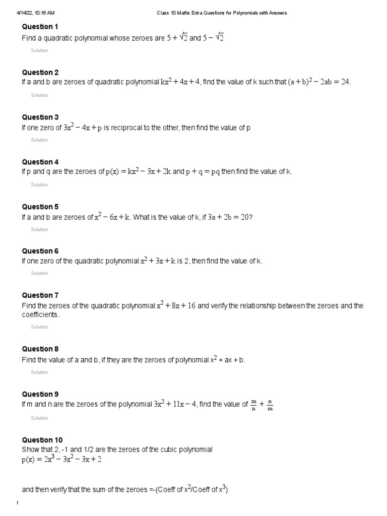 Class 10 Maths Extra Questions For Polynomials With Answers | PDF | Polynomial | Numerical Analysis