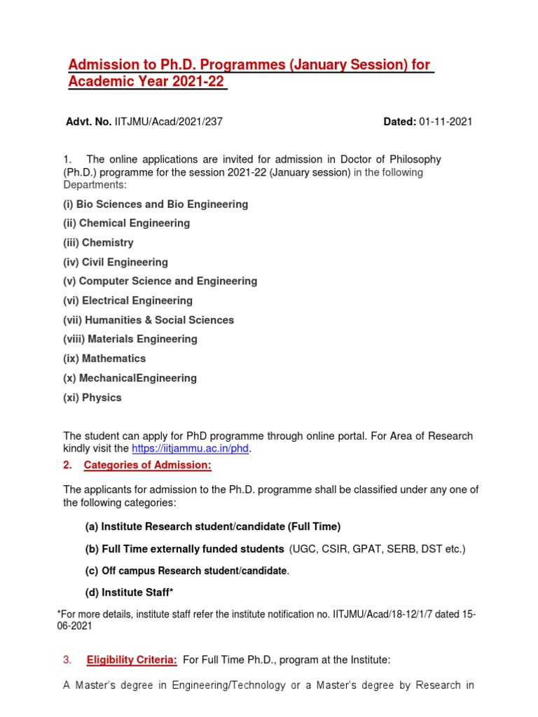 PHD Advertisement Jan Session 21-22 | PDF | Doctor Of Philosophy ...
