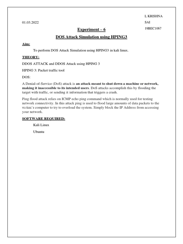 Experiment - 6 DOS Attack Simulation Using HPING3 | PDF | Denial Of ...