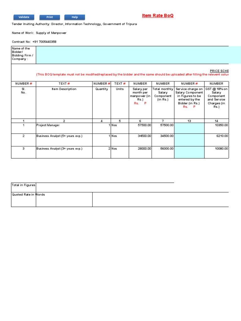 Item Rate Boq: Validate Print Help | PDF | Business | Taxes