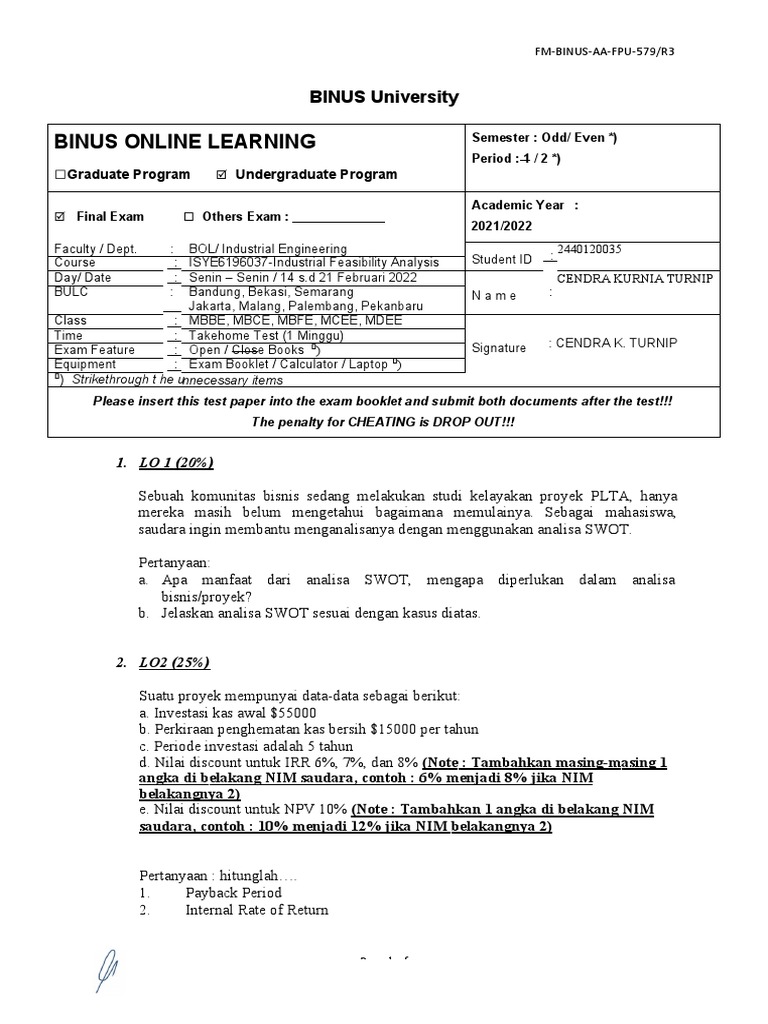 Ujian Akhir Teknik Industri BINUS | PDF | Pengelolaan Keuangan & Uang | Teknologi & Rekayasa
