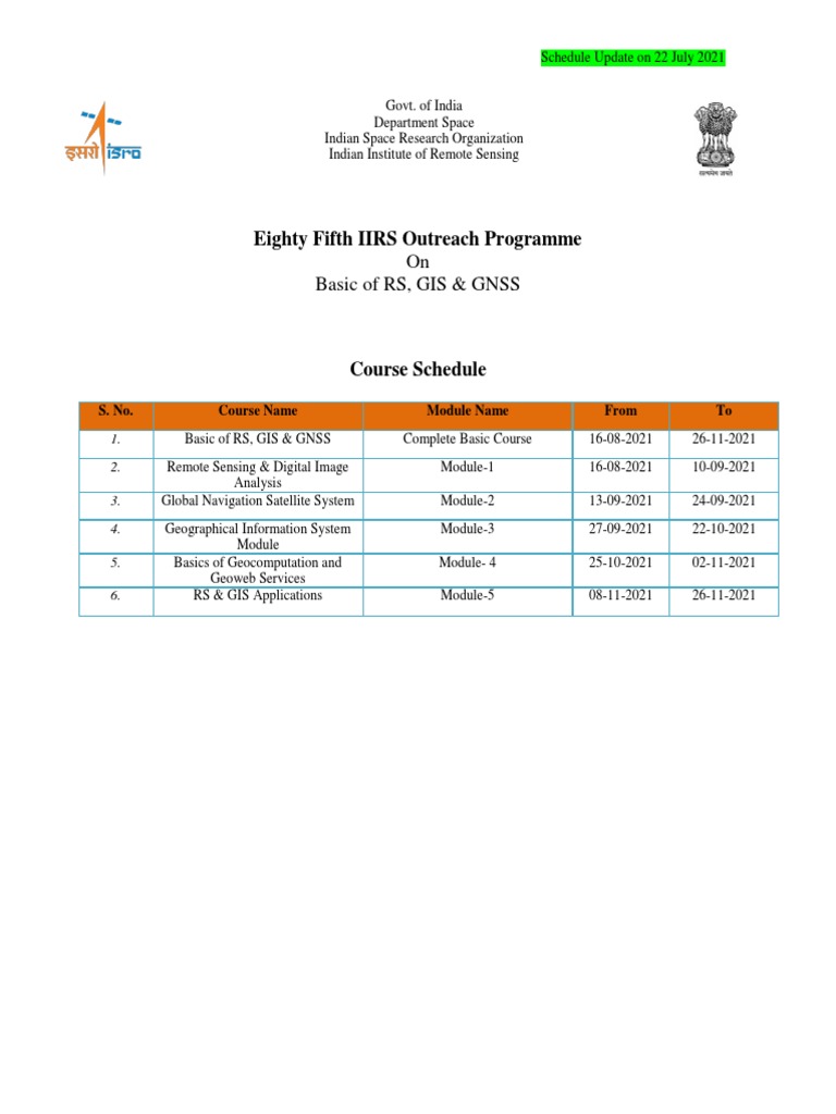 Eighty Fifth IIRS Outreach Programme: On Basic of RS, GIS & GNSS | PDF ...