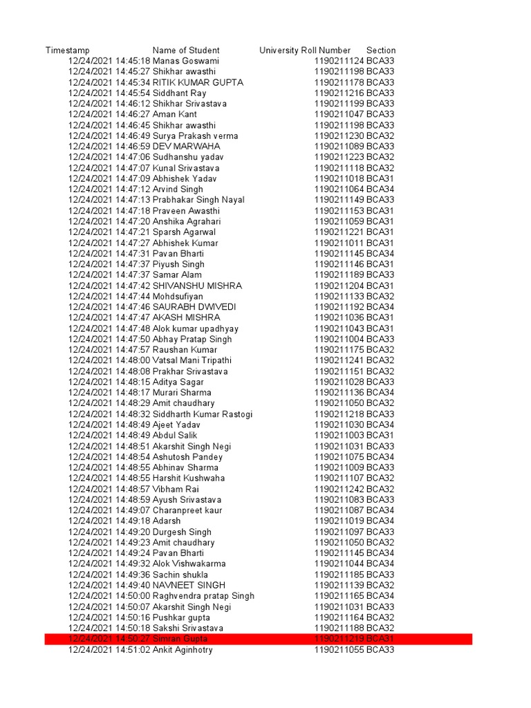 BCA-MCA VI Sem Student Details (Responses) | PDF