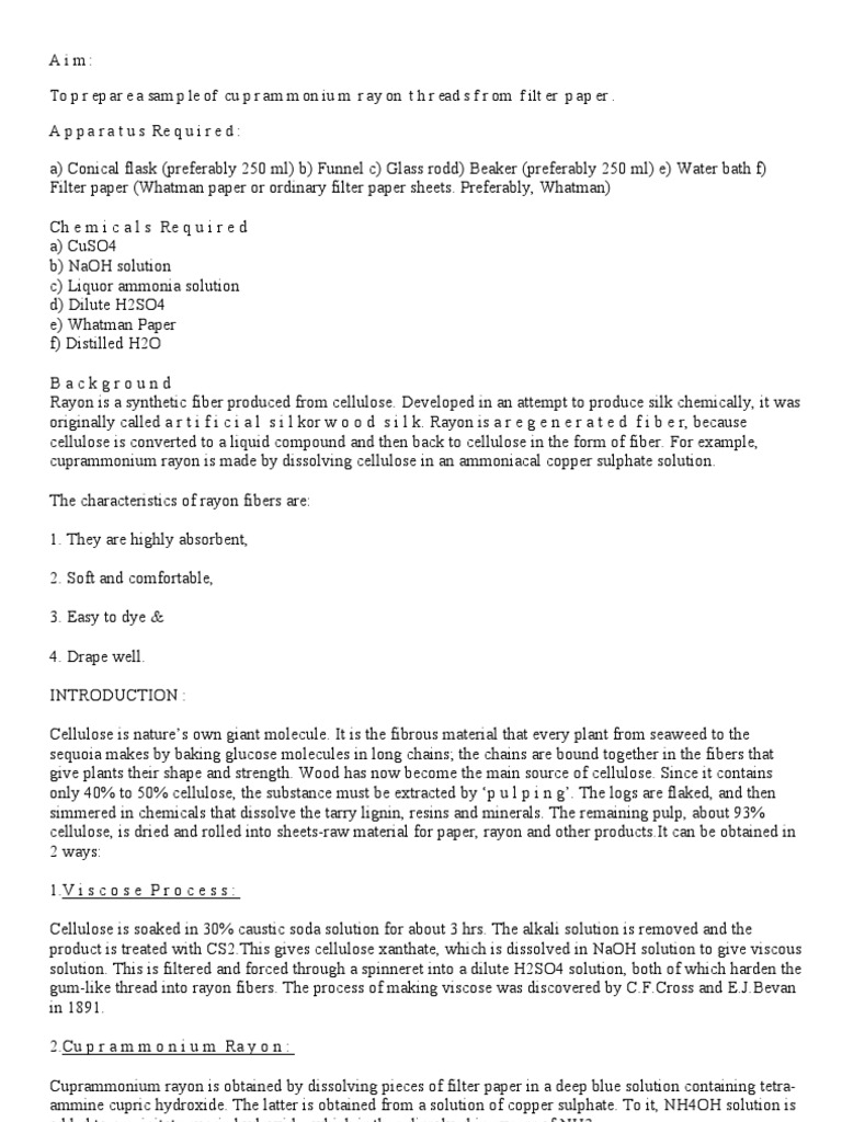 Preparation of Rayon Thread by Nadeem | PDF | Rayon | Precipitation ...