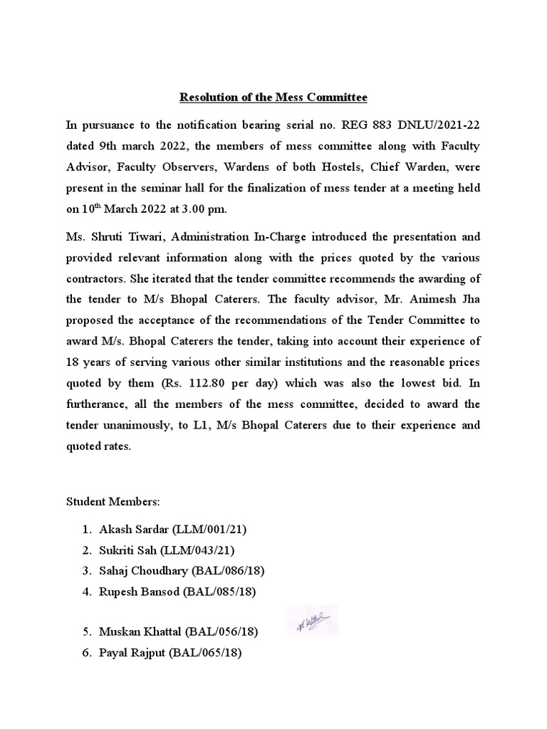 Resolution of The Mess Committee | PDF