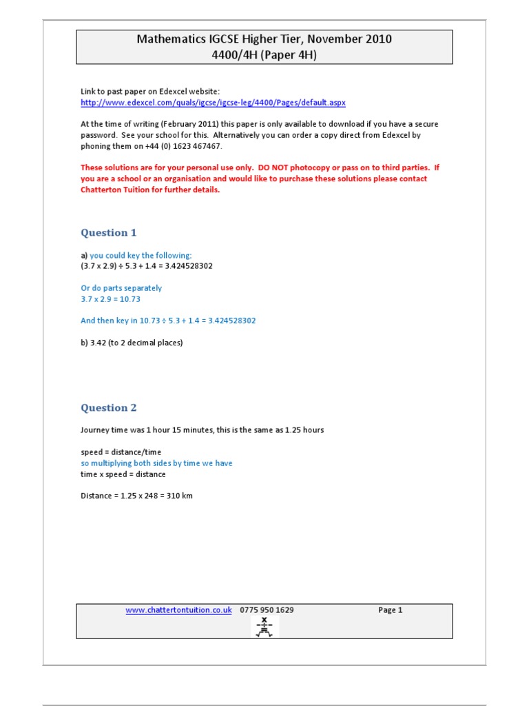 Mathematics IGCSE Higher Tier, November 2010: Detailed Solutions and ...